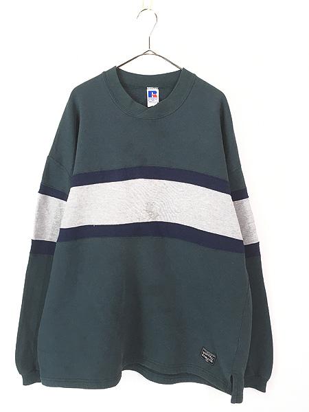 古着 90s USA製 Russell 3tone ボーダー 裾リブなし セットイン スウェット トレーナー ビッグサイズ XXL