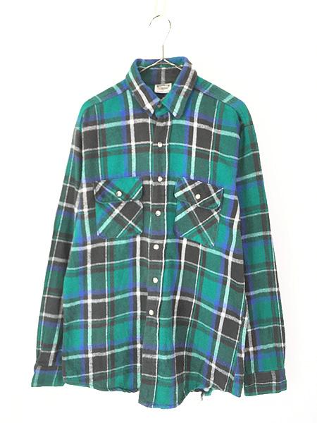 古着 90s FIVE BROTHER 好配色 グリーン チェック ヘビー フランネル コットン シャツ ヘビネル L