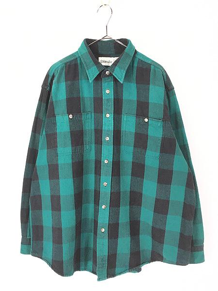 古着 90s St John's Bay グリーン × ブラック ブロック チェック ヘビー フランネル シャツ ヘビネル 2XL-BIG TALL