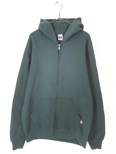 古着 90s Russell 無地 プレーン セットイン スウェット ジップ パーカー レアカラー エバーグリーン LT