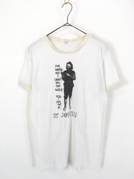 古着 70s USA製 Champion ST. JOHN'S カレッジ メッセージ アート 染込み プリント リンガー Tシャツ M 古着