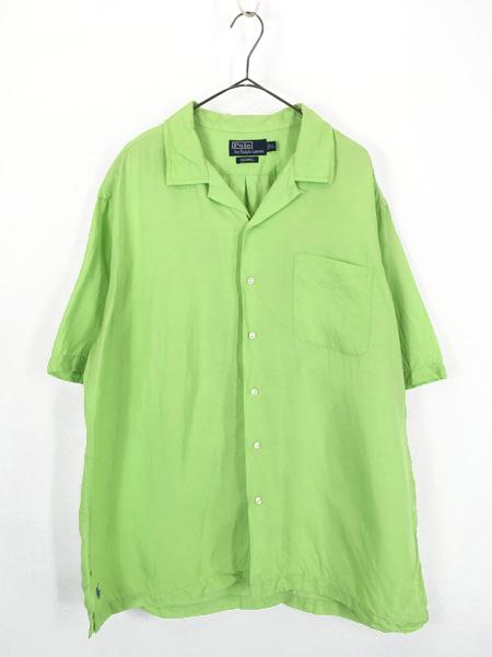 古着 90s Polo Ralph Lauren 「CALDWELL」 裾ポニー ワンポイント ソリッド シルク リネン 開襟 半袖 シャツ ライム XL 古着
