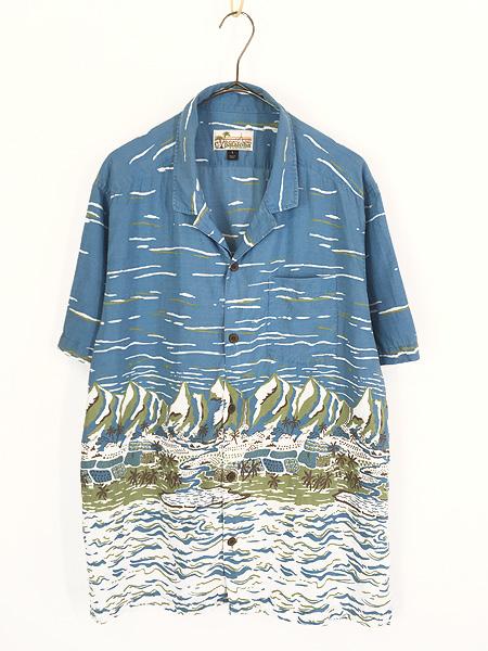 古着 19s Patagonia 「Pataloha」 海辺 風景 アート テンセル アロハ ハワイアン シャツ L 古着