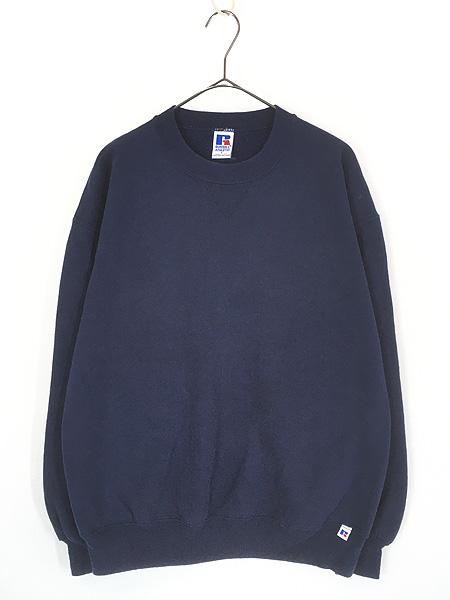古着 90s USA製 Russell 無地 プレーン 前V セットイン スウェット トレーナー ネイビー L