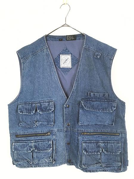 古着 90s Expeditions 多ポケット ブルー デニム フィッシング ユーティリティー ベスト L