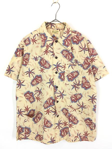 古着 40s Manhattan ヤシの木 フラワー 総柄 裾ポケット付 コットン アロハ ハワイアン シャツ 3