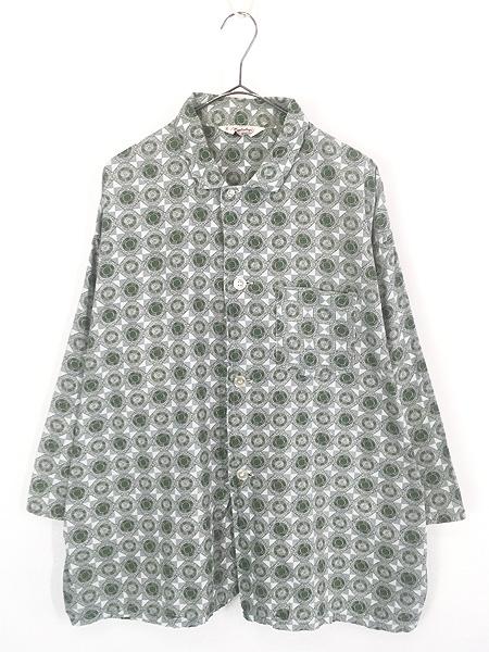 古着 60s Manhattan 小紋柄 総柄 開襟 100%コットン パジャマ シャツ XL