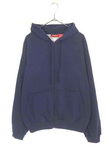 古着 90s Coleman 無地 ソリッド 裏サーマル セットイン スウェット ジップ パーカー ネイビー L