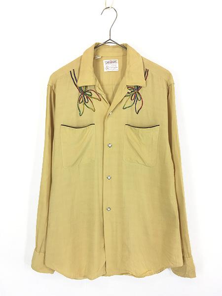古着 60s USA製 LAS VEGAS by Cowboy Joe フローラル ステッチ 開襟 レーヨン ギャバジン ウエスタン シャツ M
