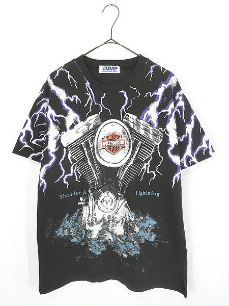 古着 90s- JUMP HARLEY DAVIDSON V2 エンジン 豪華 サンダー オールオーバー Tシャツ L位 古着