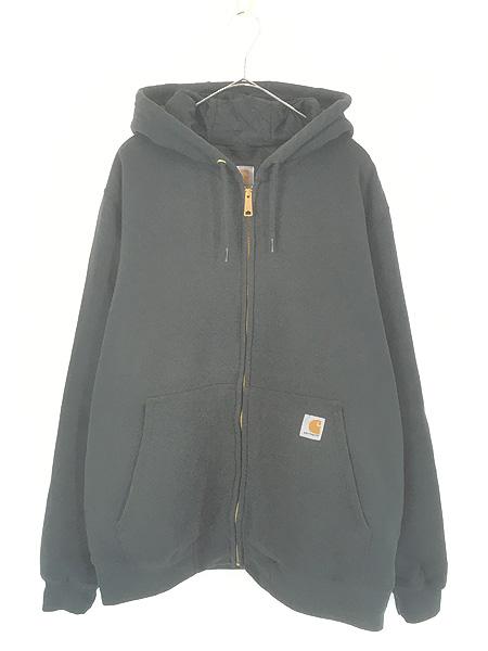 古着 10s Carhartt ワンポイント ソリッド パデット スウェット ジップ パーカー ブラック L