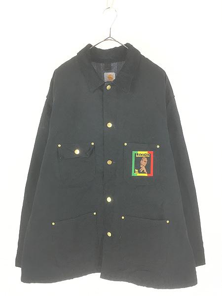 古着 10ｓ Carhartt 裏地 ブランケット BLK ブラック ダック 「Bob Marley」 刺しゅう ミシガンチョア カバーオール ジャケット XXL