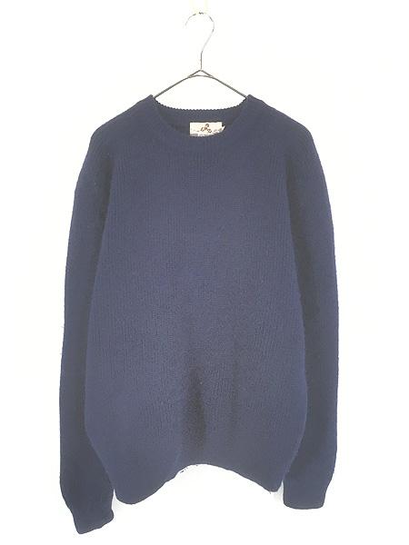古着 80s EMS 無地 プレーン ラグラン 畦編み ウール ニット セーター ネイビー L