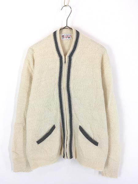 古着 60s All Sports Casuals 2tone ライン シャギー モヘア ウール ニット フルジップ カーディガン L