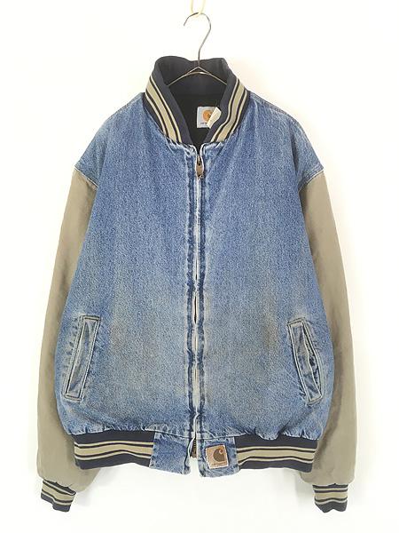 古着 90s USA製 Carhartt バイカラー パデット デニム スタジャン ジャケット XL