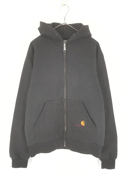 古着 90s Carhartt 裏地 メッシュ ワンポイント 刺しゅう スウェット ジップ パーカー ブラック XL位