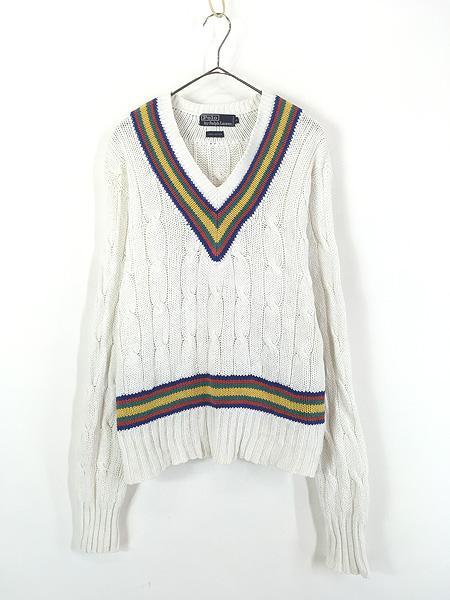 古着 90s Polo Ralph Lauren カラフル ボーダー Vネック コットン チルデン ニット セーター L