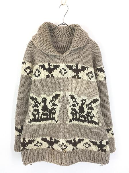 古着 70s- サンダーバード 柄 ヘチマ襟 ヘビー ウール ニット プルオーバー カウチン セーター ジャケット XL位