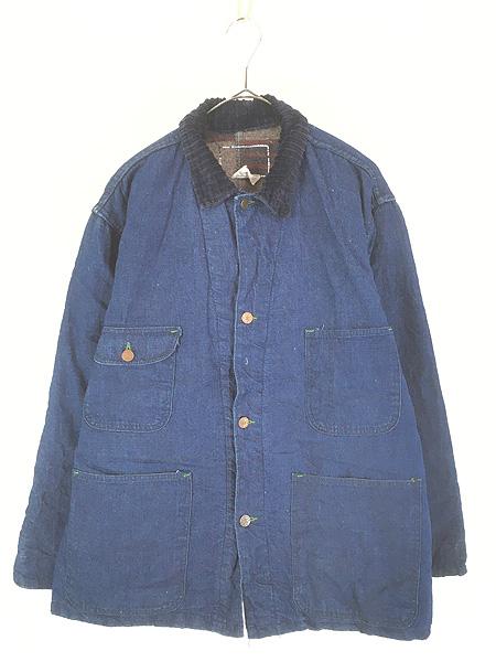 古着 70s TROY ボーダー ブランケット ライナー 濃紺 デニム ワーク カバーオール ジャケット 44位 ミント!!