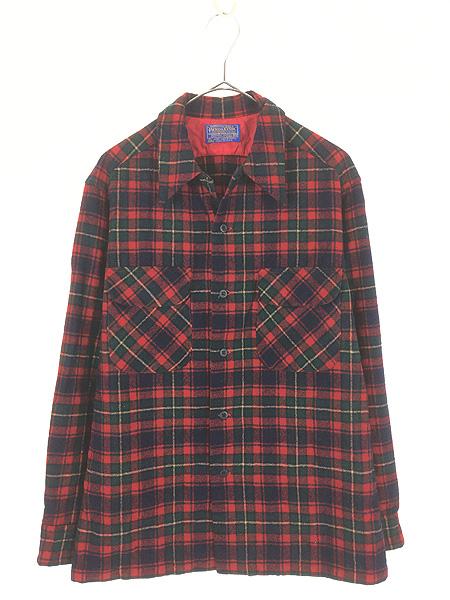 古着 70s USA製 Pendleton タータン チェック 開襟 ボックス ウォッシャブル ウール ボード シャツ M