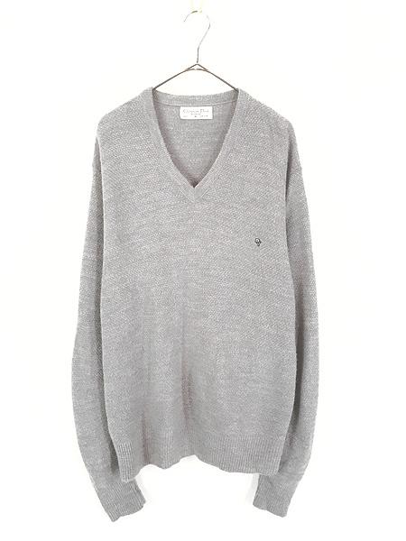 古着 80s USA製 Christian Dior ワンポイント Vネック ポップコーン アクリル ニット セーター グレー XL
