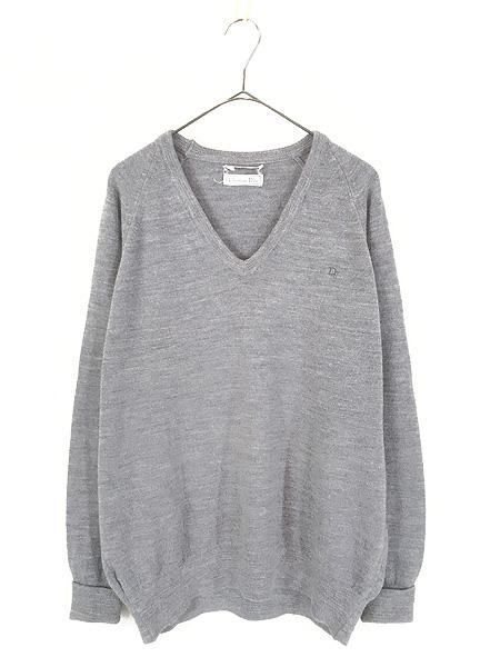 古着 80s USA製 Christian Dior ワンポイント Vネック アクリル ニット セーター グレー XL