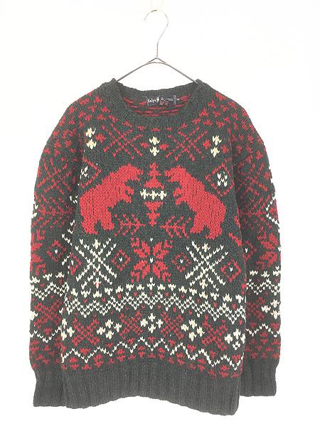 古着 90s Ralph Lauren クマ ノルディック 雪柄 ウール ハンドニット セーター M