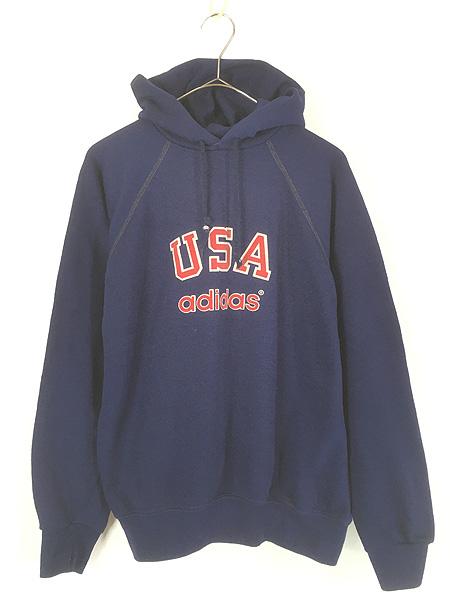 古着 80s USA製 adidas 「USA adidas」 フロッキー プリント スウェット パーカー L