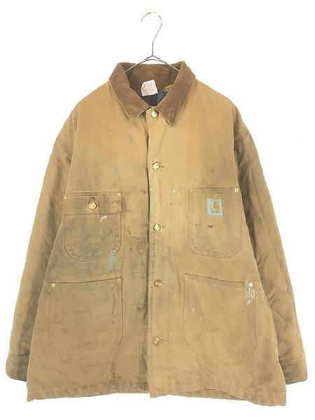 古着 80s USA製 Carhartt 裏地 ストライプ ブランケット ブラウン ダック ミシガンチョア カバーオール ジャケット 46