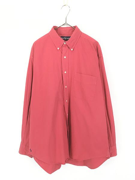 古着 90s Ralph Lauren 「BIG SHIRT」 裾ポニー ワンポイント ソリッド ポケット付 BD シャツ ピンク L