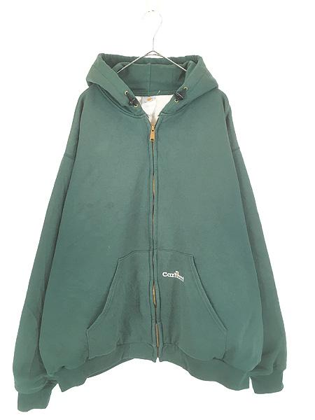 古着 90s- Carhartt 裏地 メッシュ ワンポイント 刺しゅう スウェット ジップ パーカー グリーン XL位