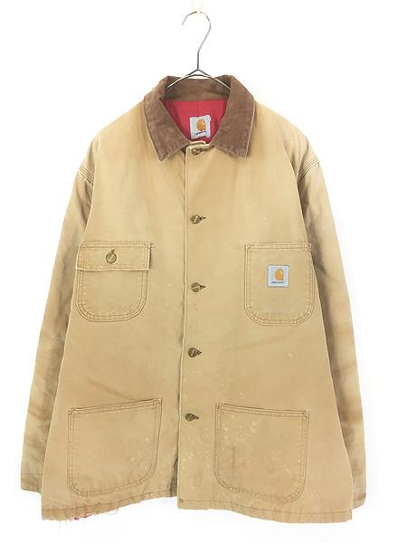 古着 80s- Carhartt レッド キルティング ライナー フェード ブラウン ダック ミシガンチョア カバーオール ジャケット XL位