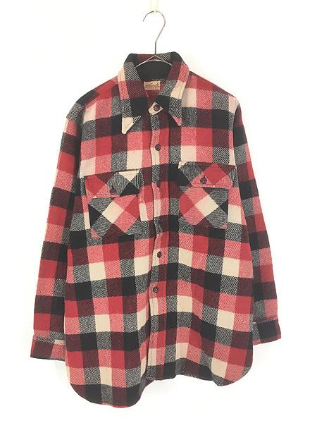 古着 40s Towncraft マチ付 ロングポイント襟 ブロック チェック ヘビー ウール シャツ XL位