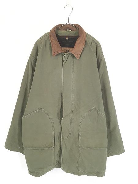古着 90s American Eagle 本革 レザー襟 オリーブ ダック ハンティング カバーオール ジャケット ライナー完備 M