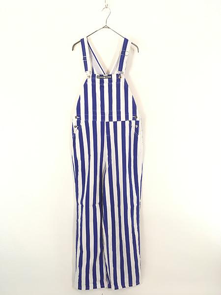 古着 90s GAME BIBS 太ピッチ ストライプ 総柄 デザイン オーバーオール 青×白 M