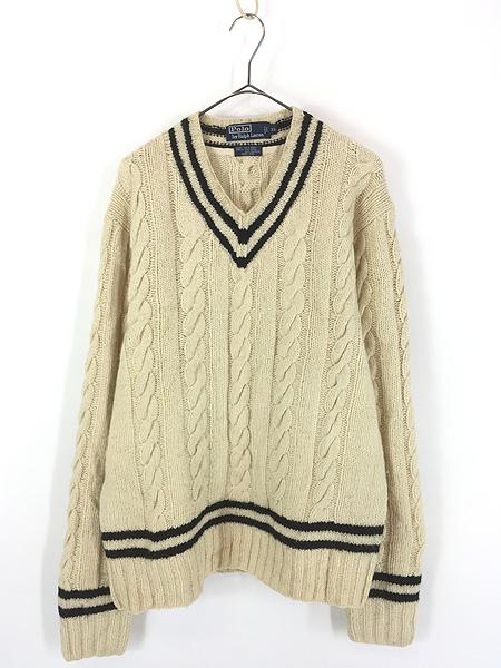 古着 Polo Ralph Lauren ケーブル編み ツイード エルボーパッチ アルパカ ウール チルデン ニット セーター XL