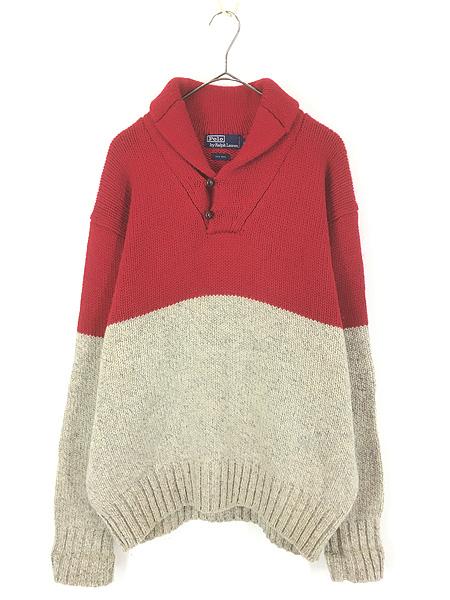 古着 90s Polo Ralph Lauren ユニバーサル バッジ レッド×杢アイボリー 2カラー ショールカラー ウール ニット セーター L