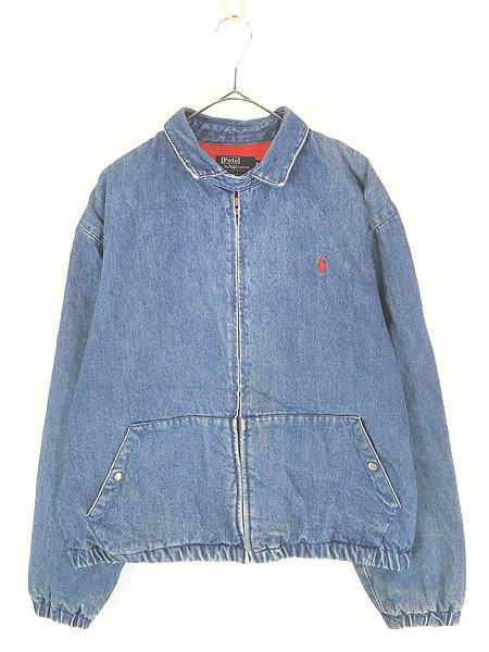 古着 90s USA製 Polo Ralph Lauren レッド フランネル ライナー ワンポイント ブルー デニム スウィングトップ ジャケット M