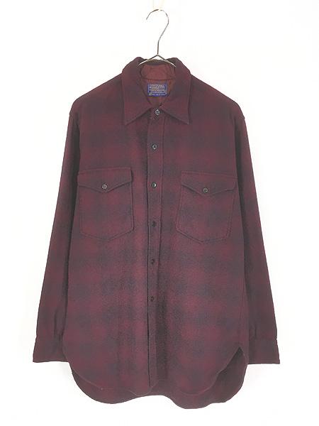 古着 70s Pendleton ワイン × ブラック オンブレ シャドー チェック ウール シャツ 16