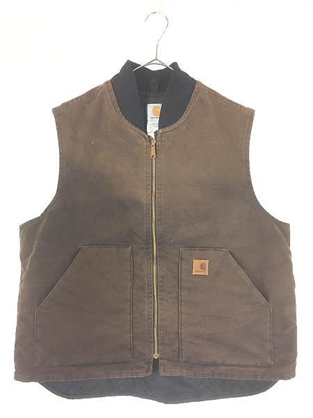 古着 10s Carhartt DKB ダークブラウン ダック 首リブ パデット ベスト XL