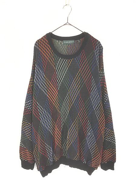 古着 90s 製 TUNDRA カラフル ダイヤ アート コットン ニット セーター XXL