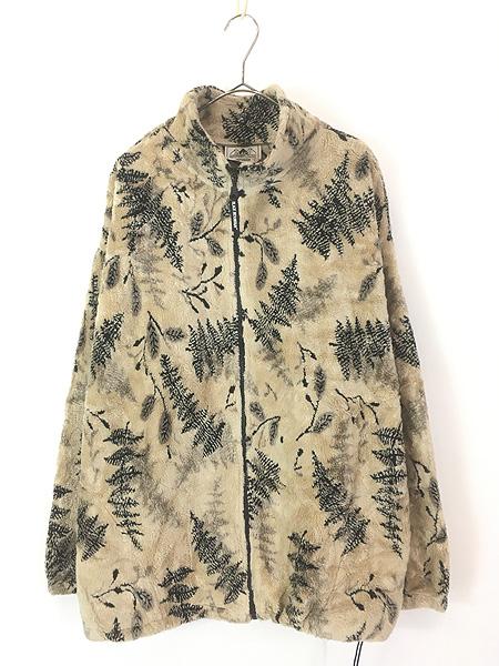 古着 90s USA製 BLACK MOUNTAIN 葉っぱ リーフ 総柄 フリース ジャケット XL
