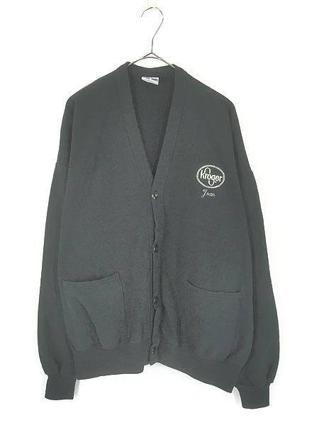 古着 90s JERZEES 「Kroger」 スーパーマーケット 刺しゅう ワンポイント パチポケ スウェット カーディガン ブラック OSFA