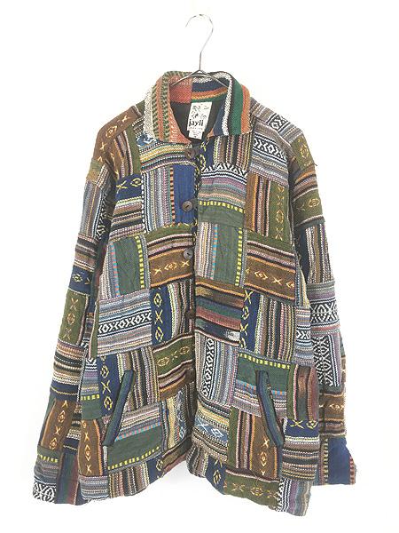 古着 80s ネパール製 Jayli ネイティブ柄 ジャガード コットン パッチワーク ジャケット M