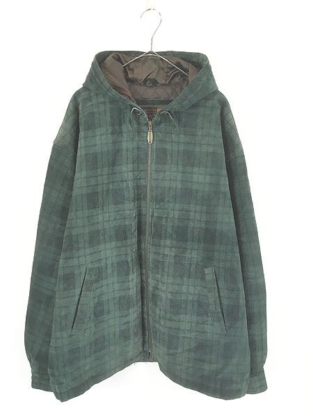 古着 STRUCTURE グリーン チェック 本革 スエード レザー ジャケット パーカー L
