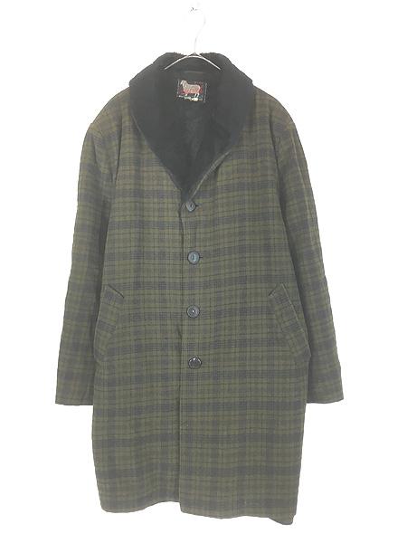 古着 60s WoolRich ボア ライナー ショールカラー チェック ウール ギャング コート 44
