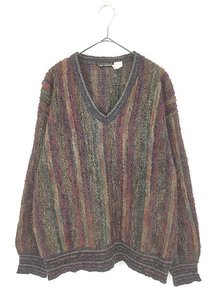 古着 90s Italy製 Holt Renfrew マルチ ストライプ 上質 シャギー モヘア ニット セーター L