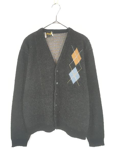 古着 60s USA製 Ashley ダイヤ パターン シャギー アクリル ニット カーディガン ブラック XL位
