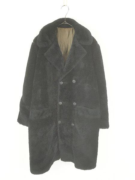 古着 80s シャギー ブラック フェイクファー ダブルブレスト コート XL位
