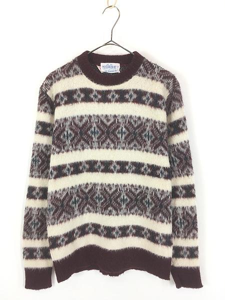 古着 60s NORSE フェアアイル ボーダー シャギー モヘア ウール ニット セーター M